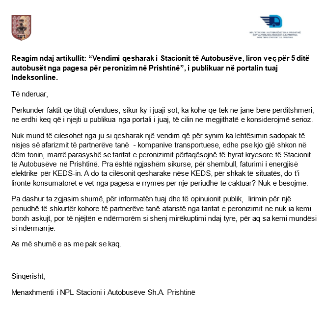 Reagim ndaj artikullit: “Vendimi qesharak i Stacionit të Autobusëve ... Reagim ndaj artikullit: “Vendimi qesharak i Stacionit të Autobusëve ...